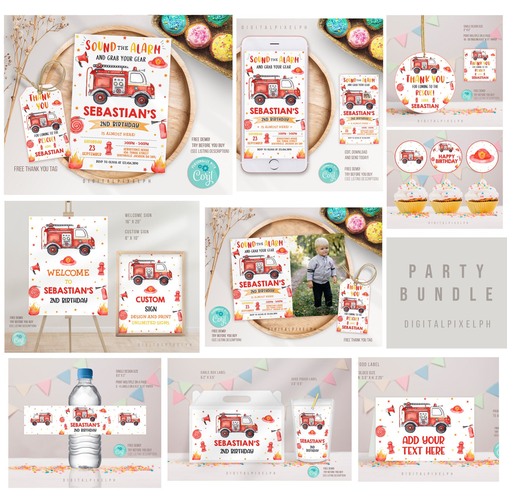 Editable Fire Truck Birthday Invitation Bundle Template, Fire Truck ...