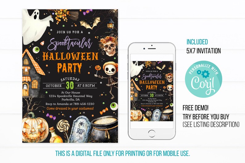 Editable Spooktacular Halloween Party Invitation, Thank You Tags ...