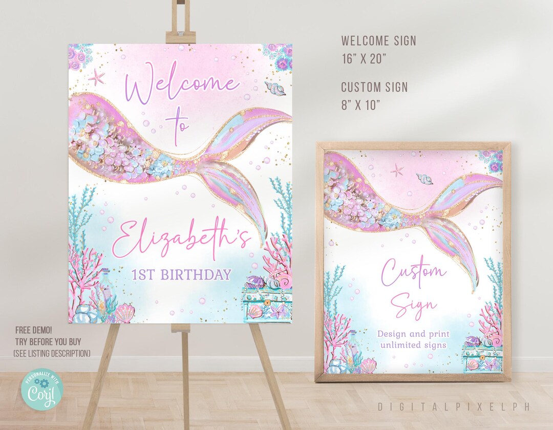 Editable Mermaid Welcome Sign Template, Mermaid Birthday Custom Sign ...