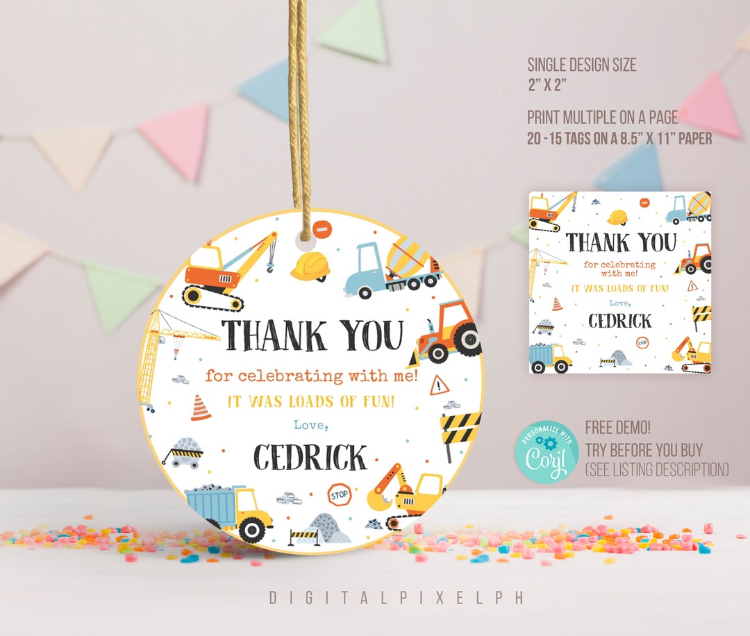 Editable Construction Round Thank You Tags, Construction Sticker ...