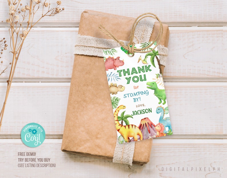 Editable Dinosaur Birthday Thank You Tags Dinosaur Favor - Etsy