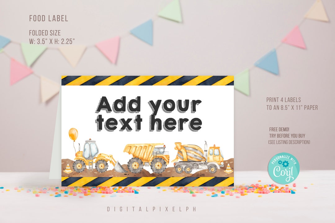 Editable Construction Food Label, Construction Birthday Party Food Tent ...