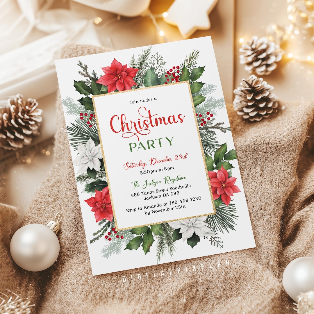 Editable Poinsettia Christmas Party Invitation (digital Download) - Etsy