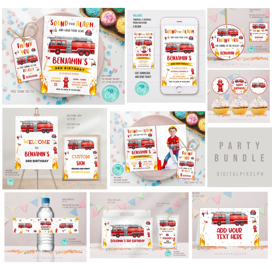 Editable Fire Truck Birthday Invitation Bundle Template, Fire Truck ...