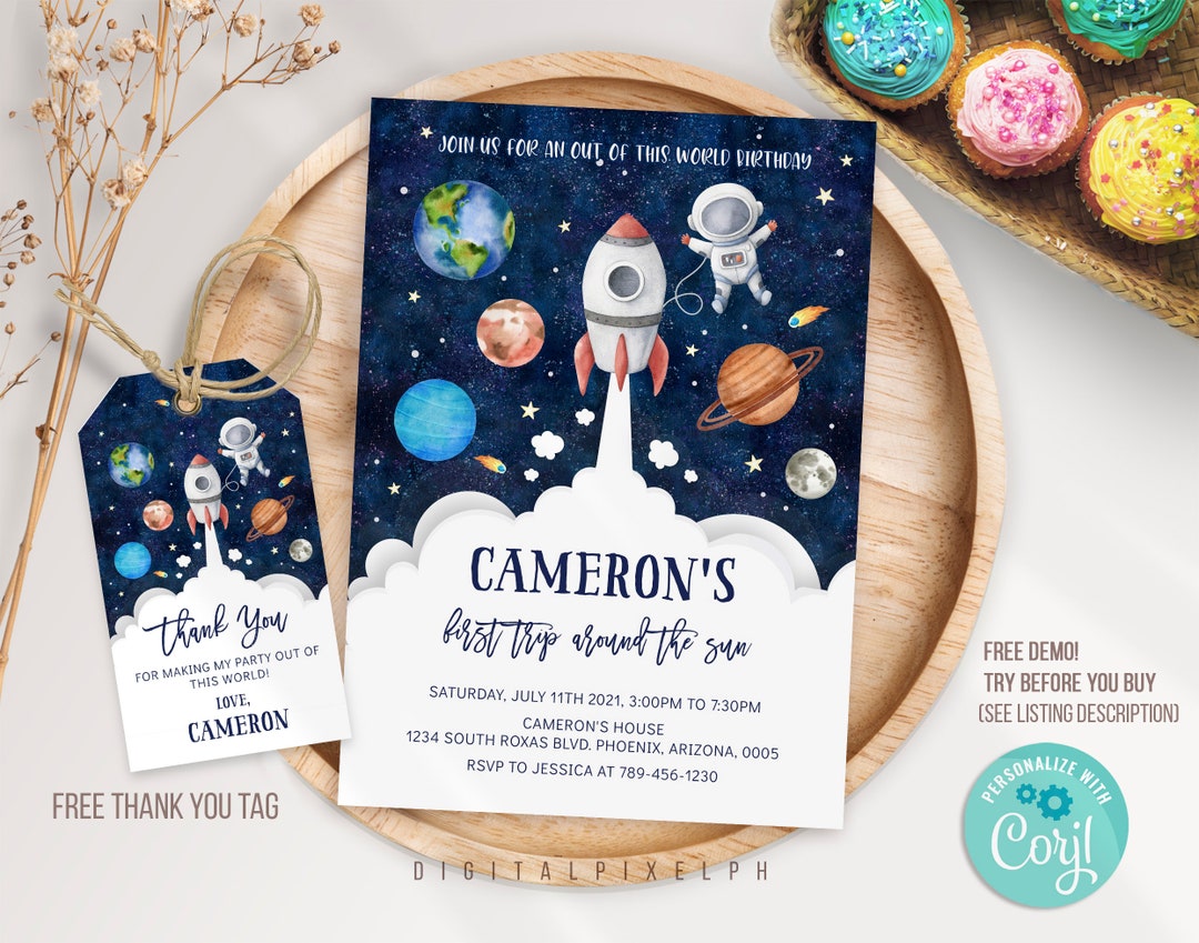 Outer Space Birthday Invitation Template, Planets Rocket Ship Astronaut ...