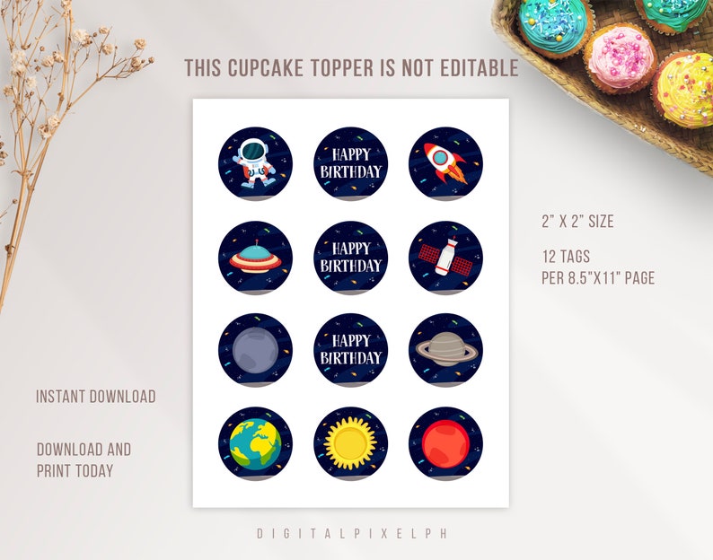 Outer Space Birthday Cupcake Toppers, Planets, Rockets (instant ...