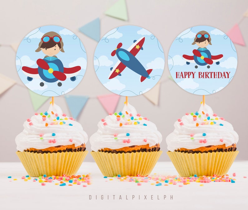Airplane Birthday Party Cupcake Toppers Airplane Cupcake - Etsy