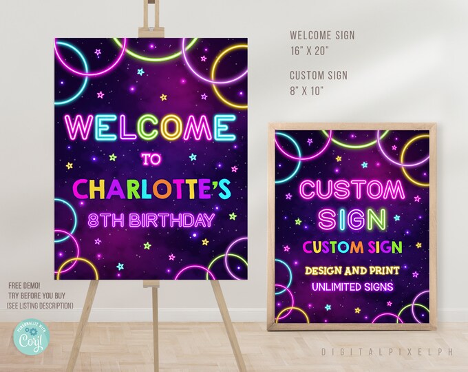 GLOW Party Sign Bundle, Photo Booth, Drink Station, Cake Station, Candy ...