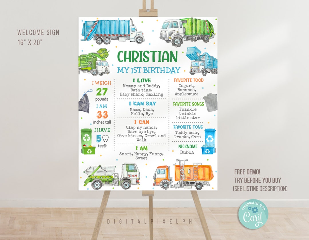 Editable Garbage Truck Birthday Milestone Poster Template, Garbage ...