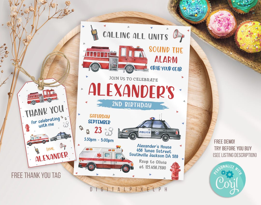 Editable Emergency Vehicles Birthday Invitation, First Responders ...