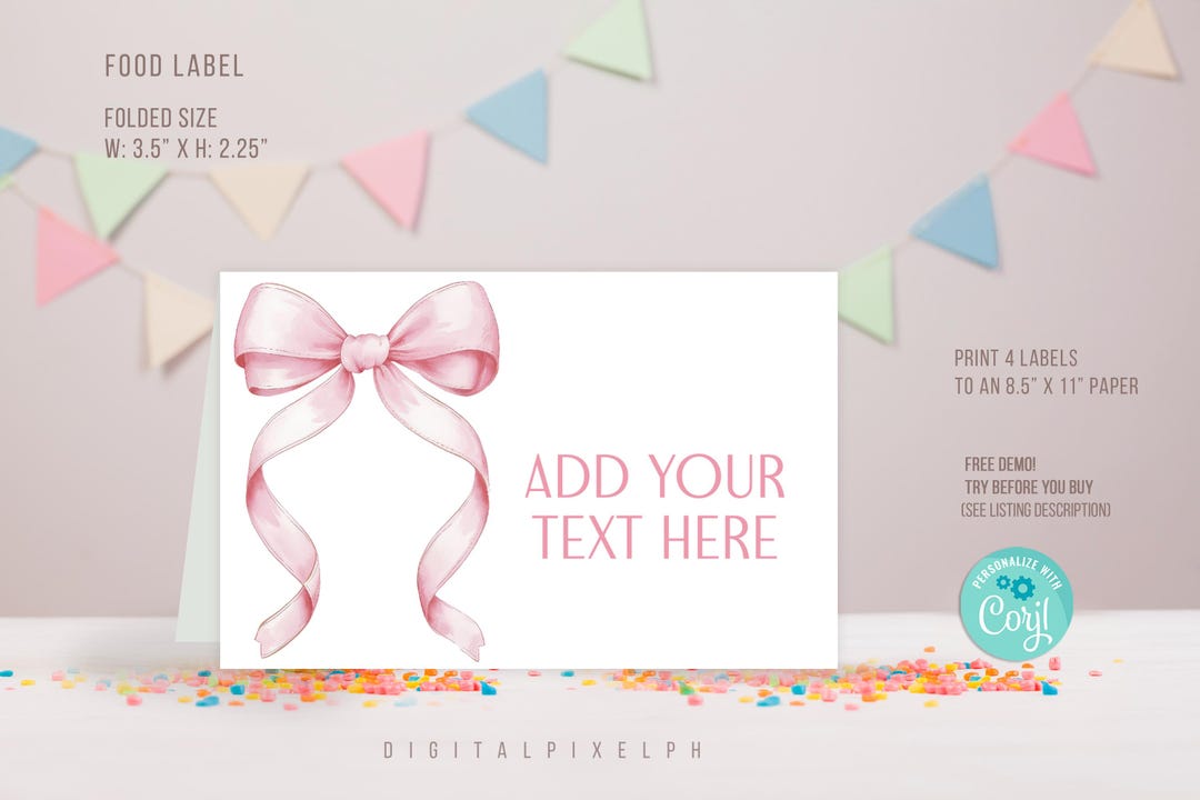 Editable Coquette Pink Bow Food Label, Coquette Pink Bow Food Tent ...