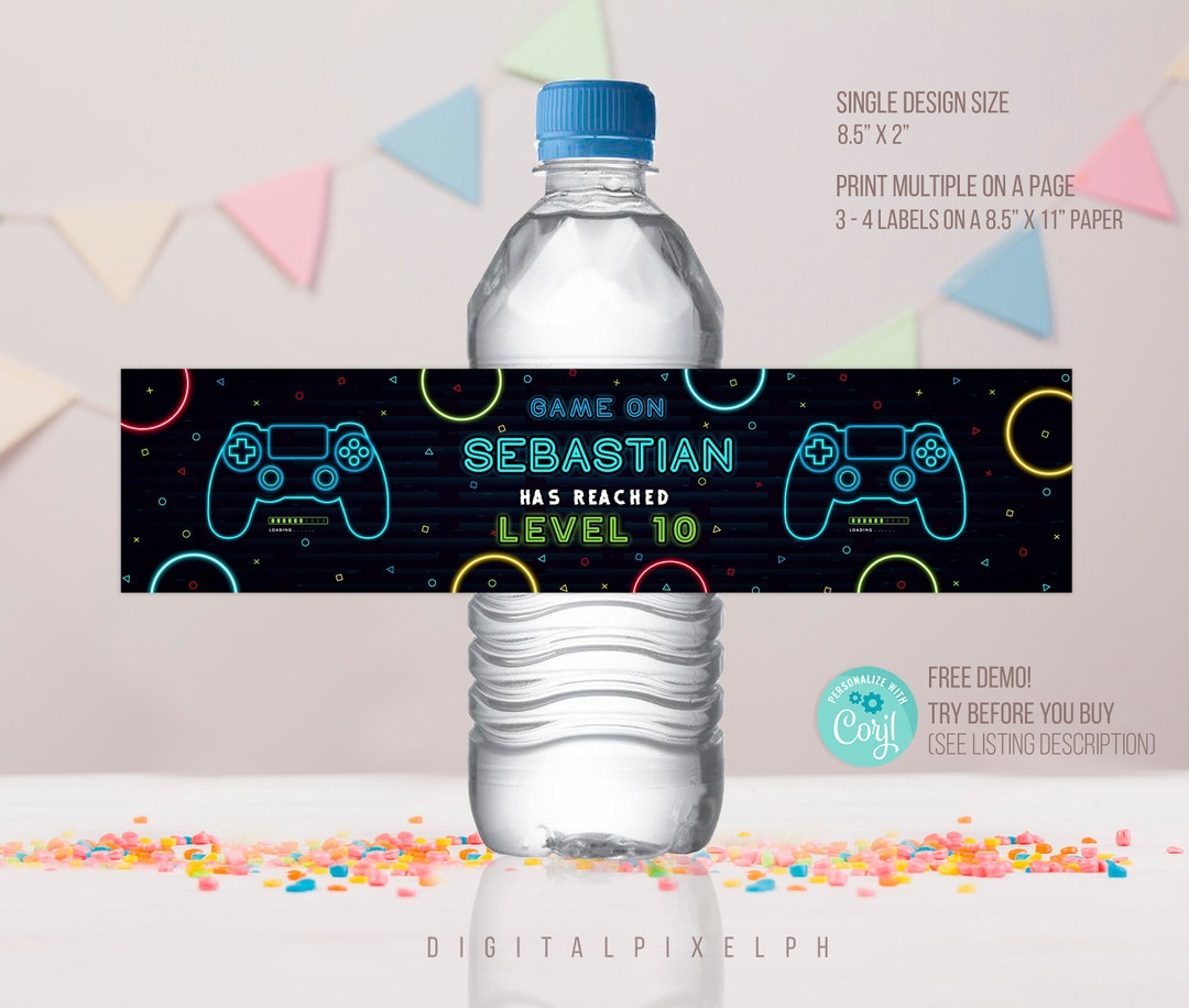 Editable Video Game Water Bottle Label, Video Game Label, Gamer Water ...