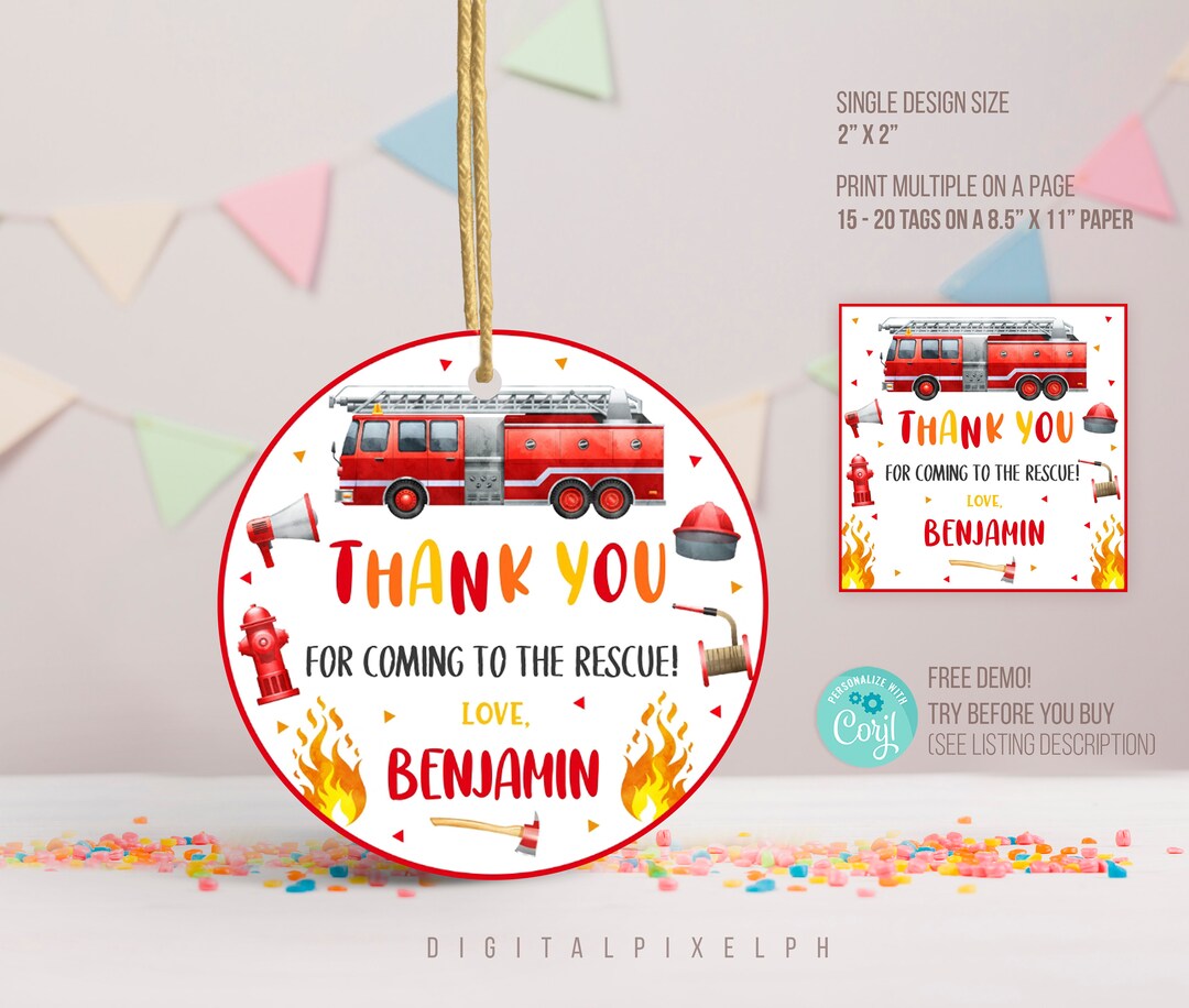 Editable Fire Truck Round Thank You Tags, Fire Truck Sticker, Fire ...