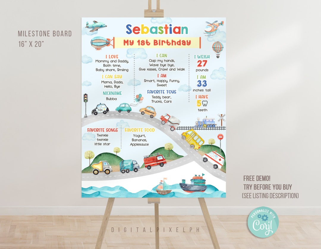 Editable Transportation Vehicle Birthday Milestone Poster ...