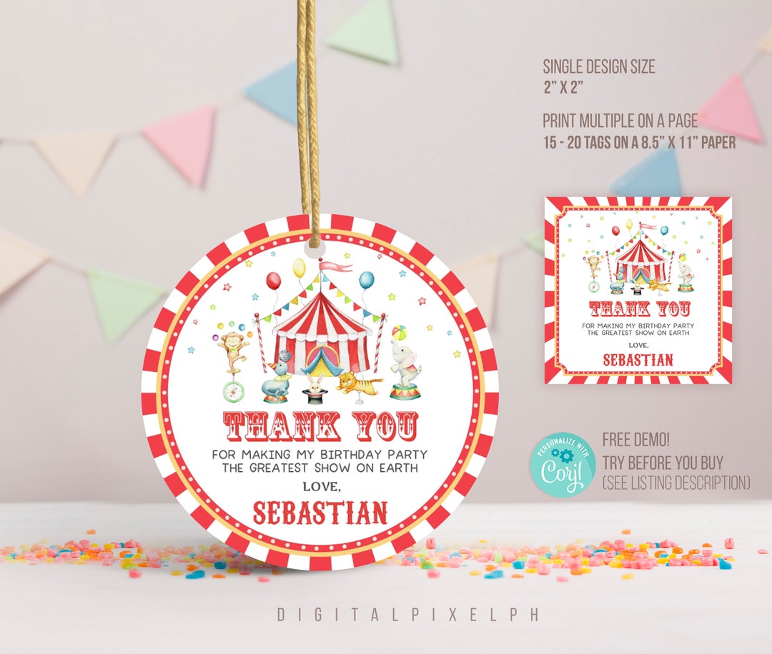 Editable Circus Round Thank You Tags, Circus Sticker, Circus Square ...