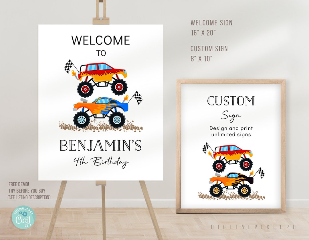 Editable Monster Truck Welcome Sign Template, Monster Truck Custom Sign ...