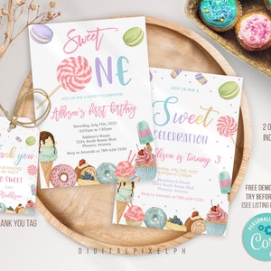Editable Sweet One Invitation Template, Sweets Birthday Invitation ...