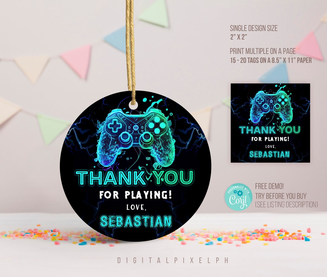 Editable Round Video Game Thank You Tags, Video Game Sticker, Video ...