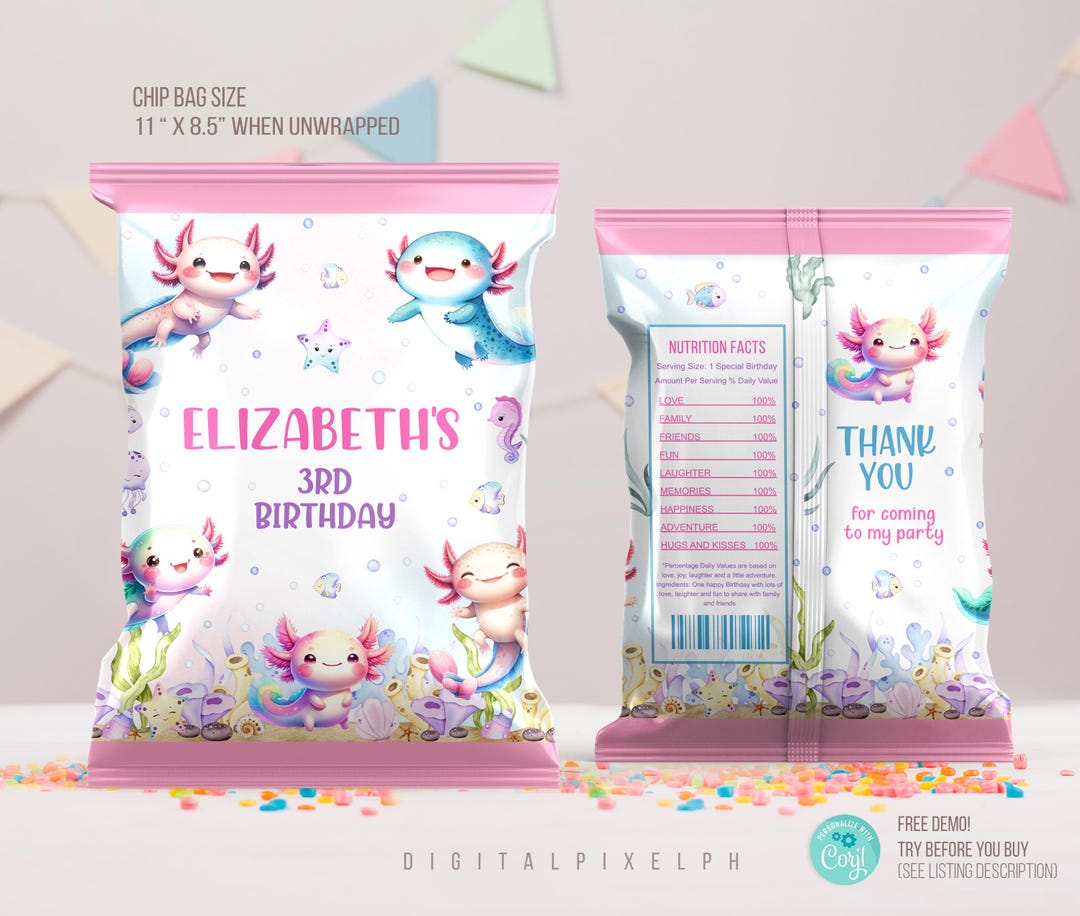 Editable Axolotl Chip Bag Wrapper Labels Template, Axolotl Bag Wrapper ...