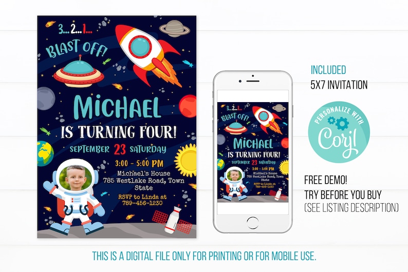 Outer Space Birthday Invitation Template Planets Rocket Ship - Etsy