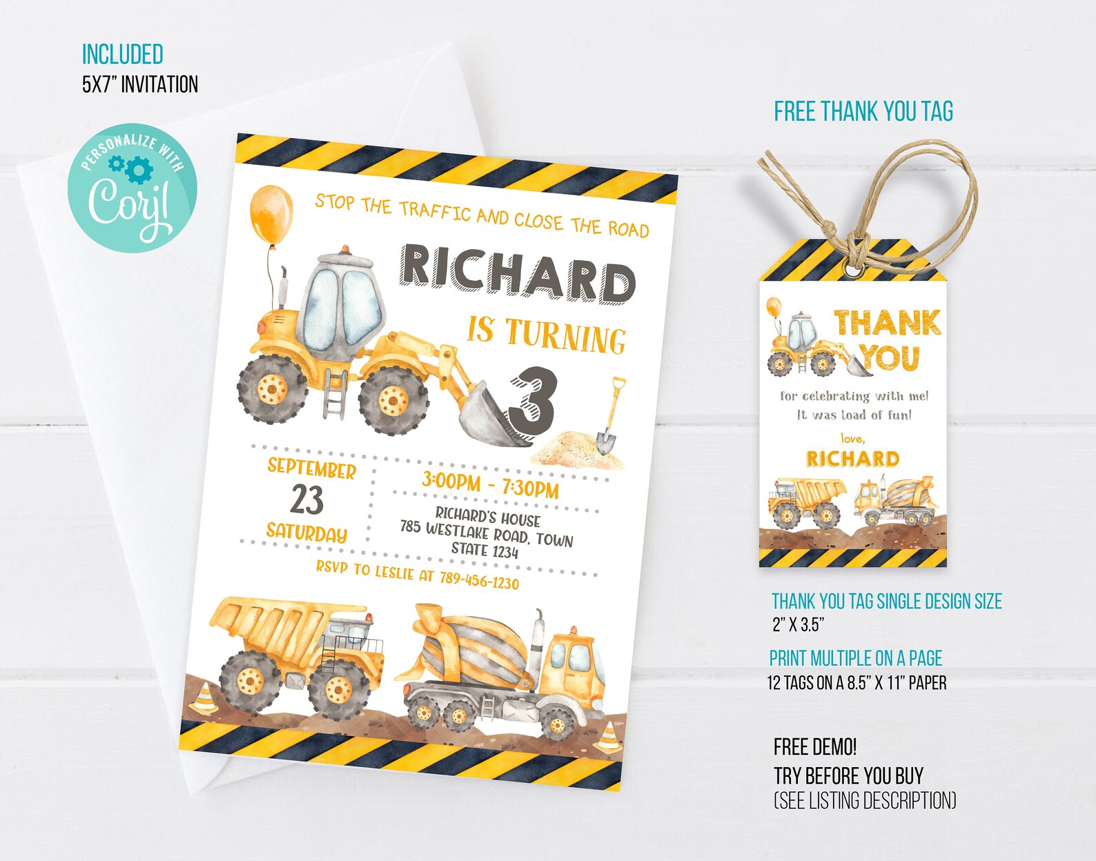 Editable Construction Birthday Party Invitation Template - Etsy