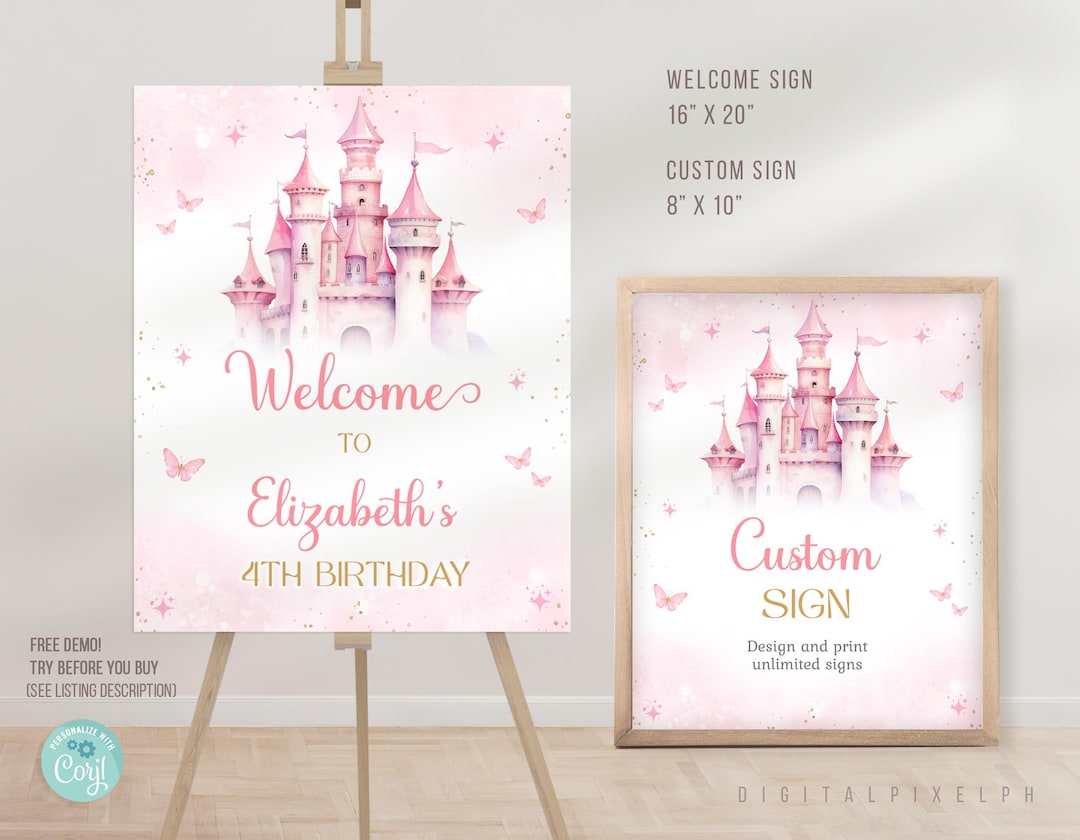 Editable Princess Castle Welcome Sign Template, Princess Castle Custom ...