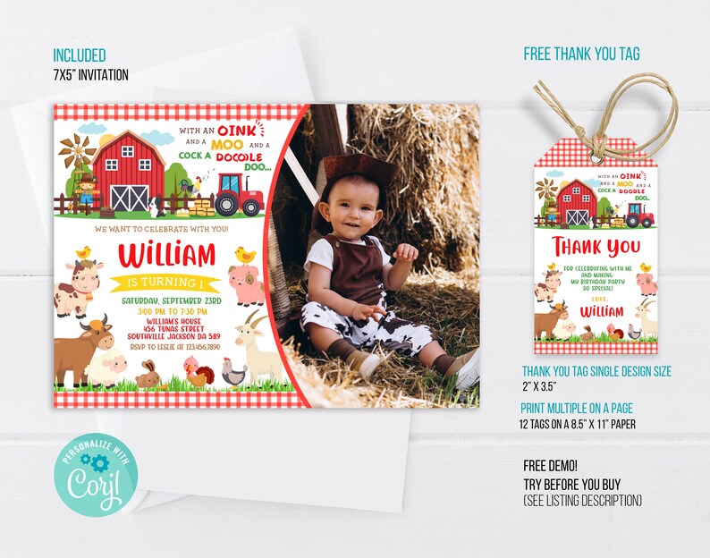 Farm Birthday Party Invitation Template With Photo Farm - Etsy