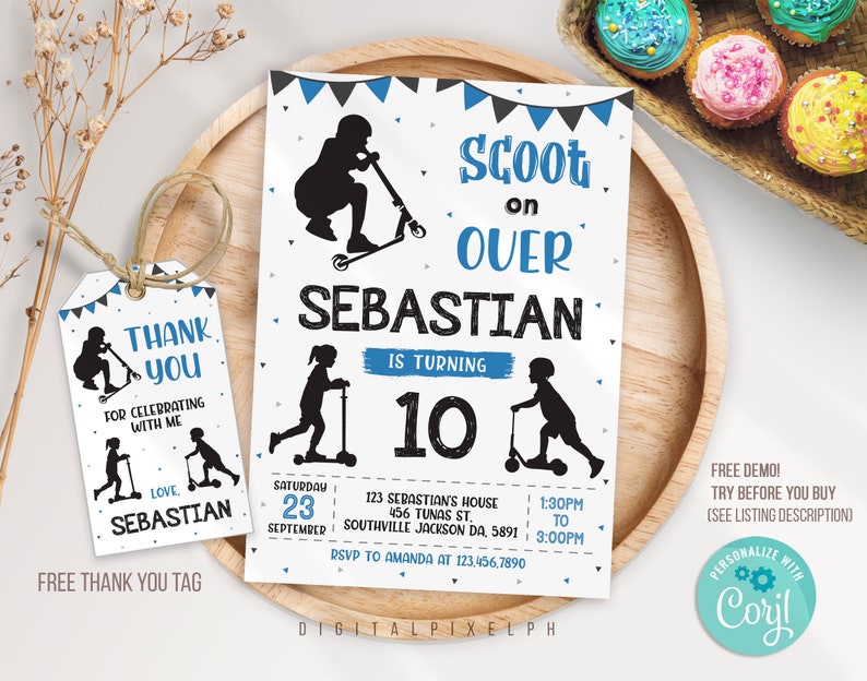 Editable Scooter Birthday Invitation Template, Skating Birthday ...