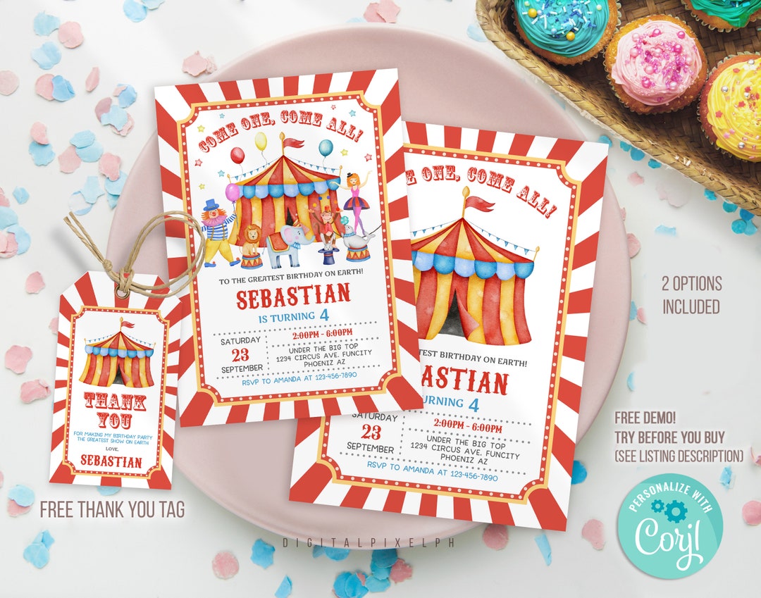 Editable Carnival Birthday Invitation Template, Circus Birthday ...