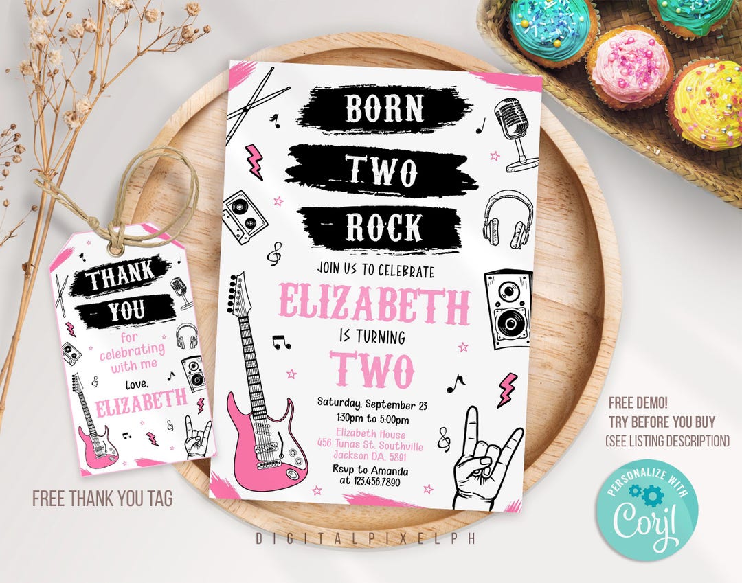 Editable Born Two Rock Birthday Invitation, Rock and Roll Birthday ...