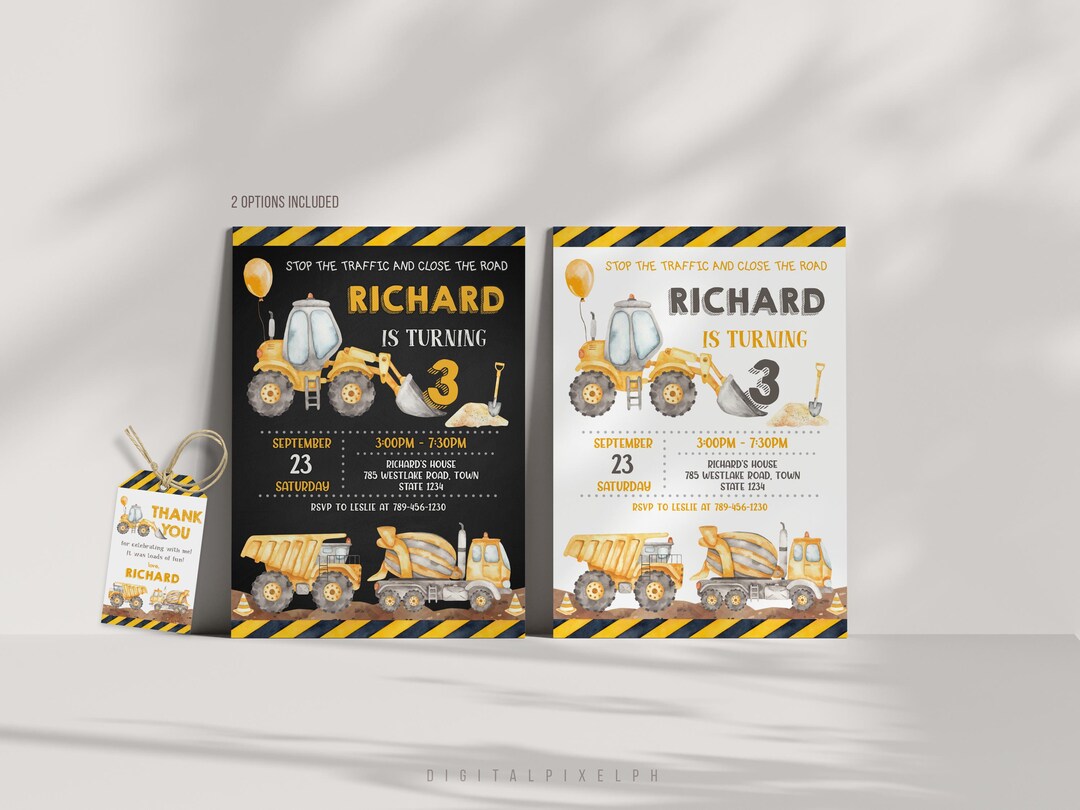 Construction Birthday Invitation Template, Editable (digital Download ...