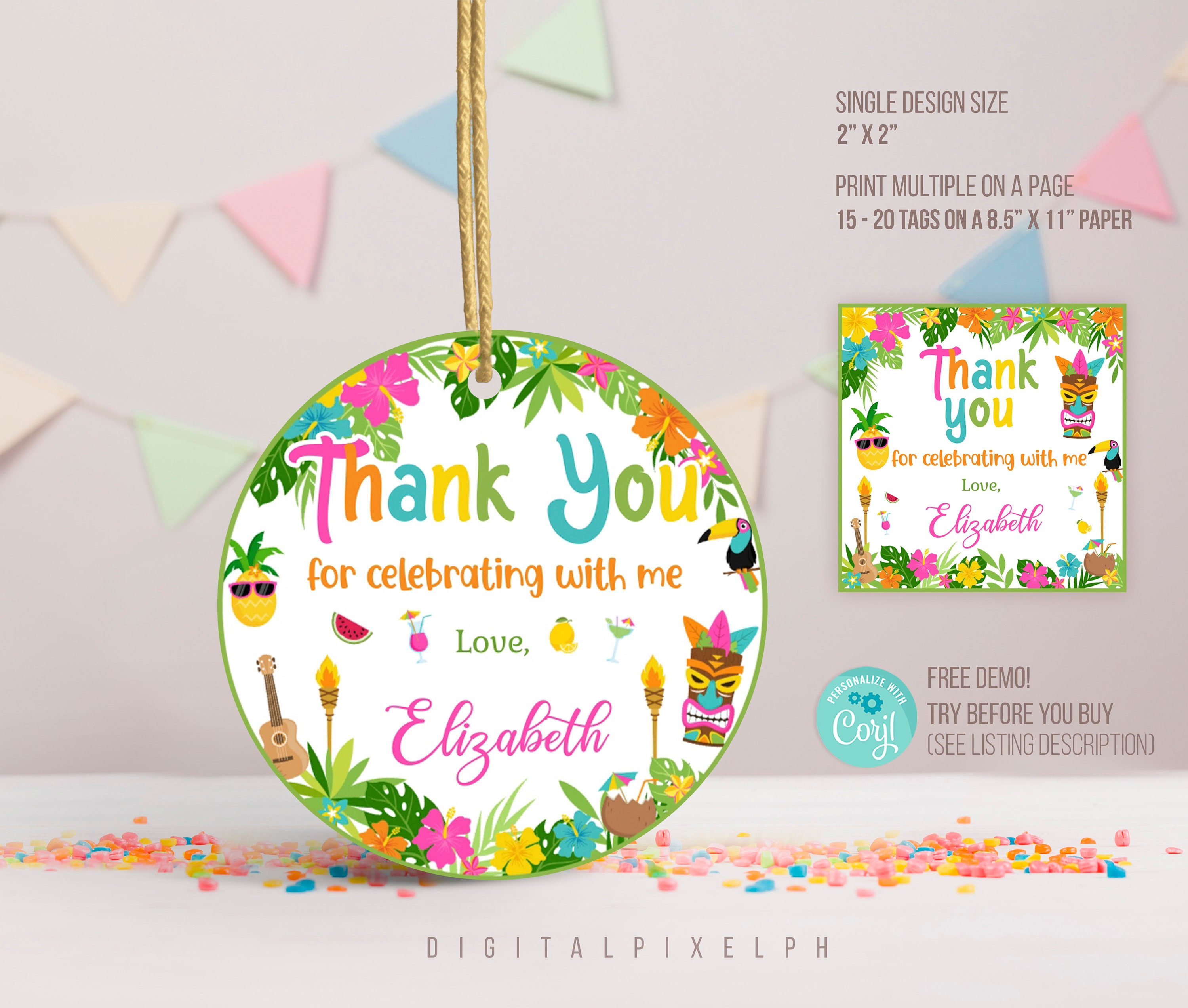Editable Hawaiian Luau Round Thank You Tags, Hawaiian Luau Sticker ...