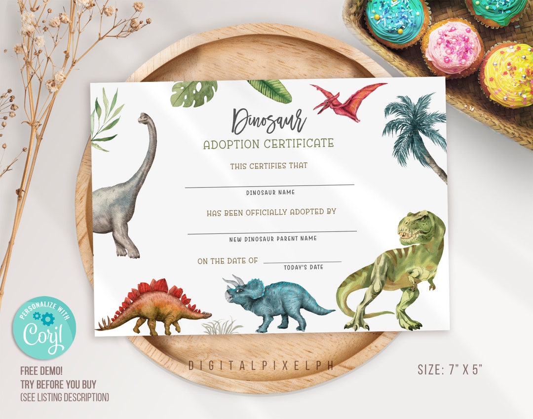Dinosaur Adoption Certificate Template, 7x5" (digital Download) - Etsy