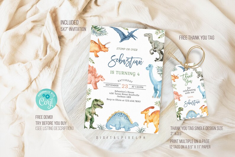 Dinosaur Birthday Invitation Template, Editable Corjl Design - Etsy UK