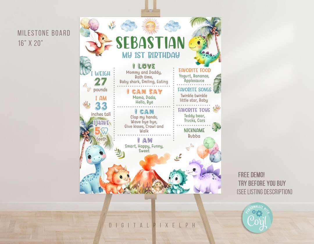 Editable Dinosaur Birthday Milestone Poster Template, Dinosaur ...
