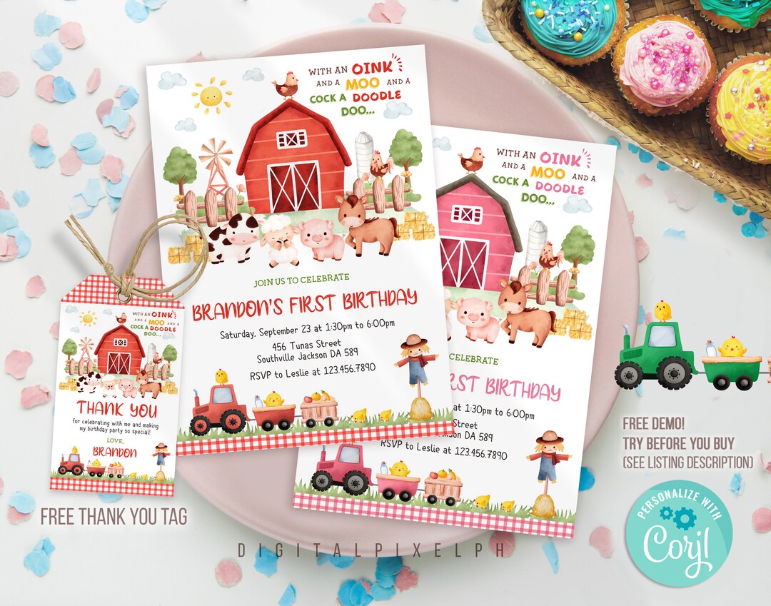 Farm Birthday Invitation, Farm Birthday Invitation Template, Farm Thank ...