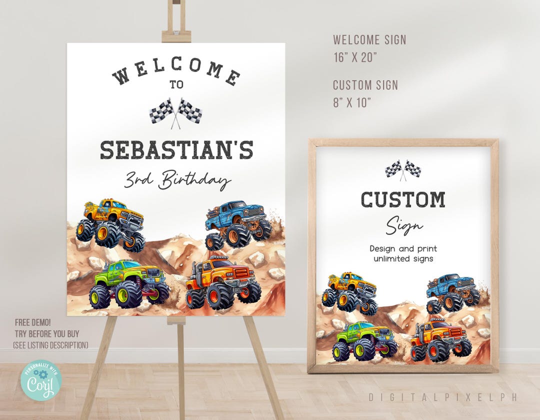 Editable Monster Truck Welcome Sign Template, Monster Truck Custom Sign ...