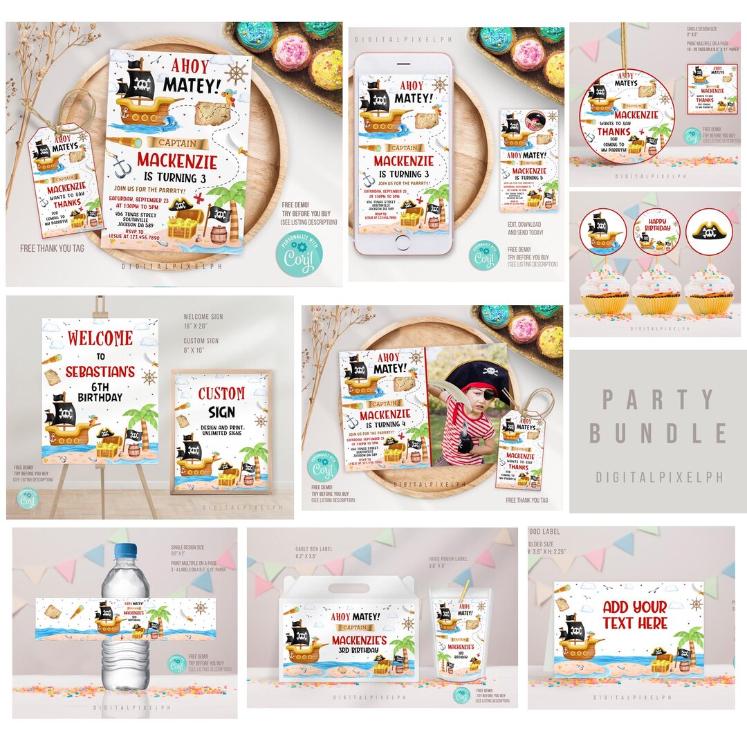 Editable Pirate Birthday Invitation Bundle Template, Pirate Welcome ...