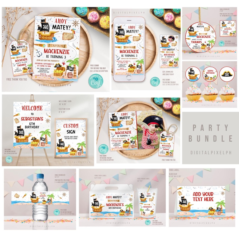 Editable Pirate Birthday Invitation Bundle Template, Pirate Welcome ...