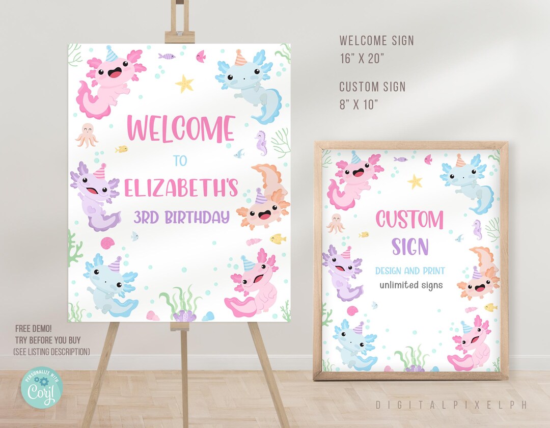 Editable Axolotl Birthday Party Welcome Sign Template, Axolotl Birthday ...