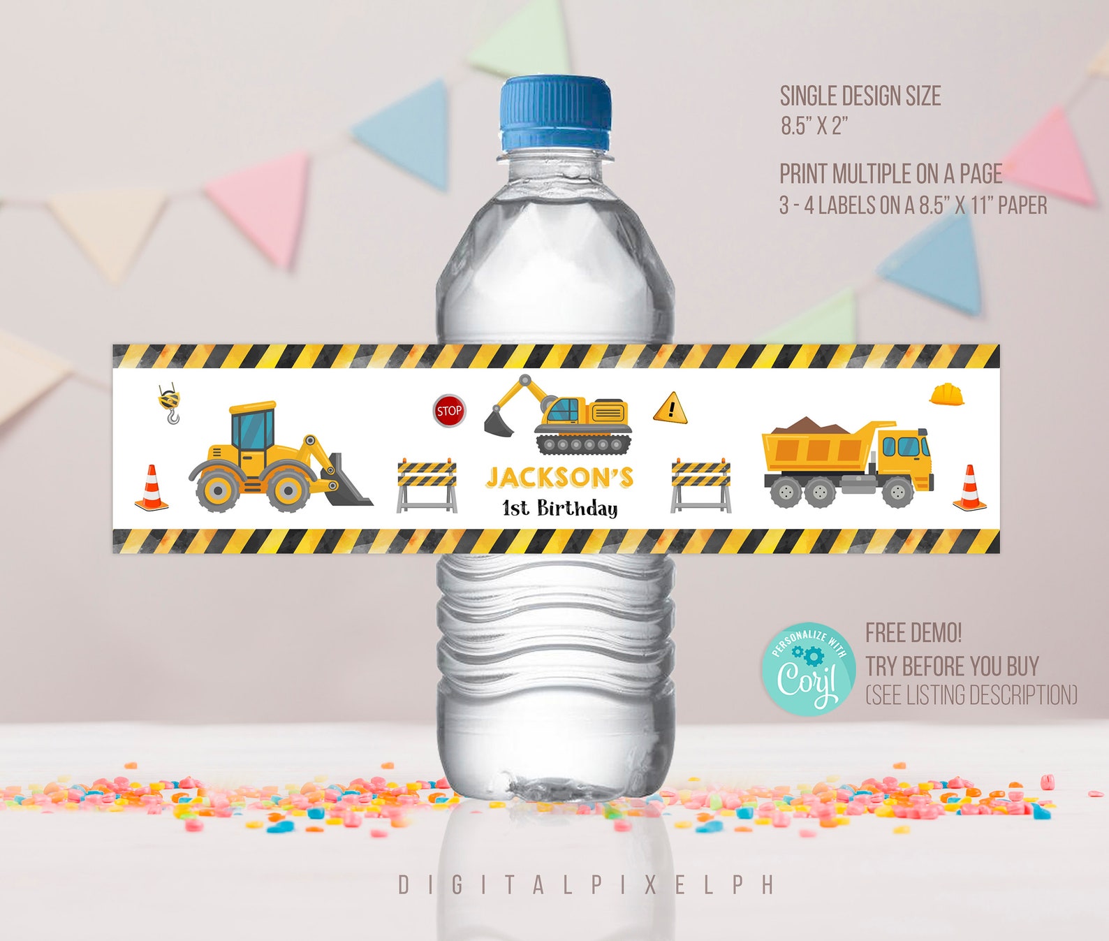 Editable Construction Birthday Water Bottle Label, Construction Label ...