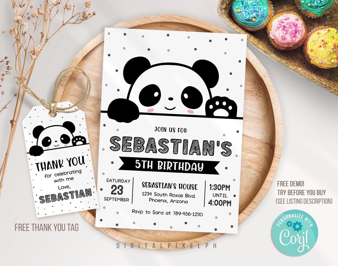 Editable Panda Birthday Invitation, Panda Birthday Invitation, Panda ...