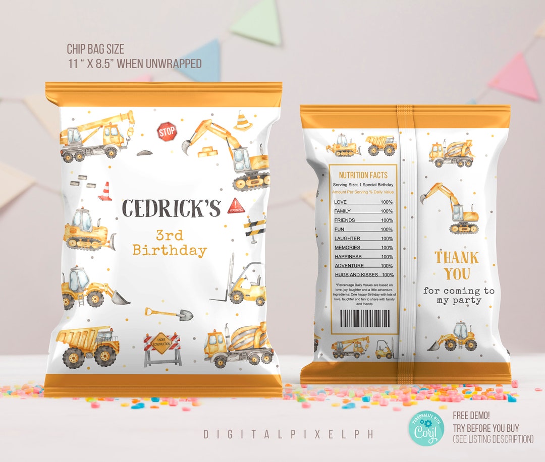 Editable Construction Chip Bag Wrapper Labels, Construction Bag Wrapper ...