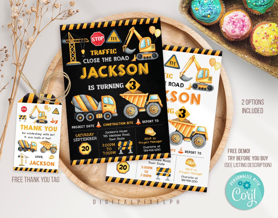 Editable Construction Birthday Party Invitation Template, Construction ...