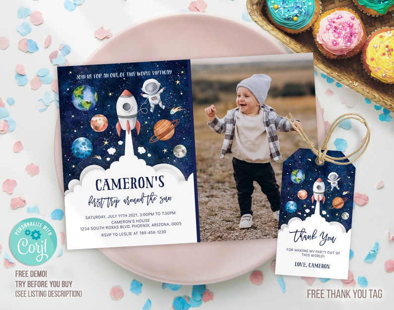 Outer Space Birthday Invitation Template With Photo Planets - Etsy