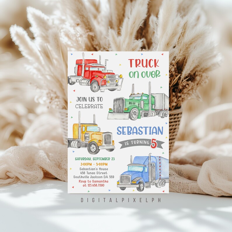 Truck Birthday Invitation Template, Editable Semi-truck Design (digital ...