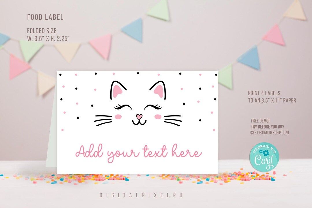 Editable Cat Face Food Label, Cat Face Food Tent Cards, Cat Face Food ...