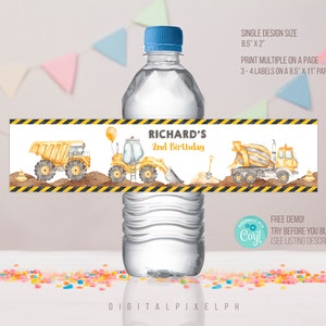 Editable Construction Birthday Water Bottle Label (digital Download) - Etsy