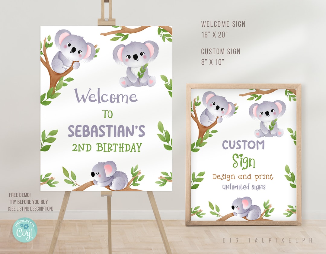 Editable Koala Birthday Welcome Sign Template, Koala Custom Sign ...