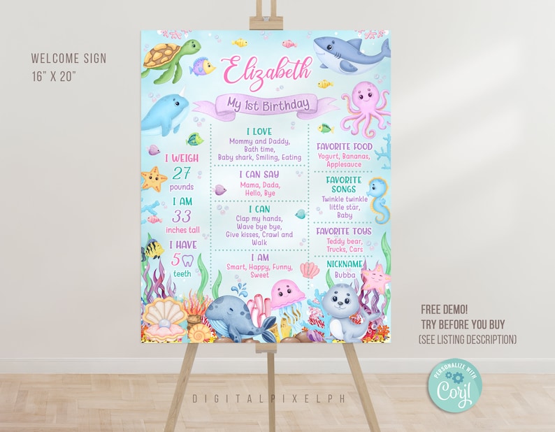 Editable Under the Sea Birthday Milestone Poster Template, Under the ...